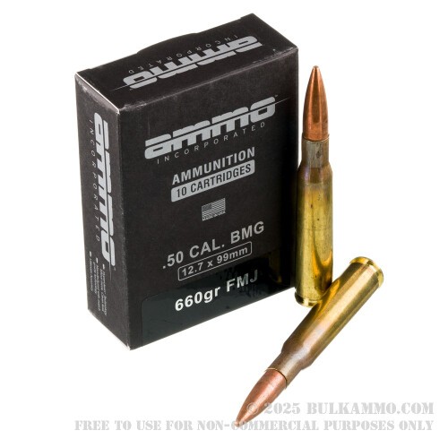 50 Rounds of Bulk .50 BMG Ammo by Ammo Inc. - 660gr FMJ