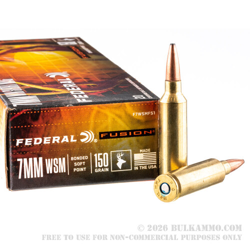 20 Rounds of Bulk 7mm Win Short Mag Ammo by Federal - 150gr Fusion