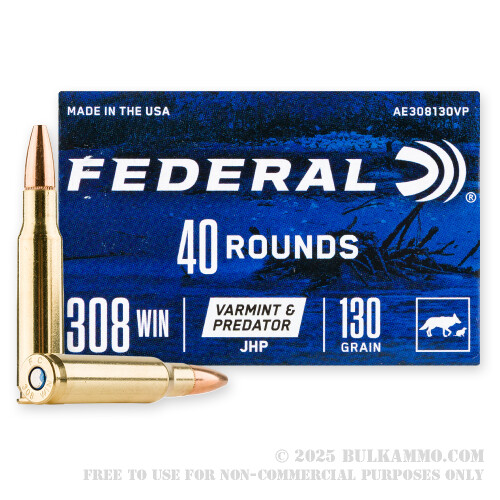 200 Rounds of Bulk .308 Win Ammo by Federal - 130gr JHP