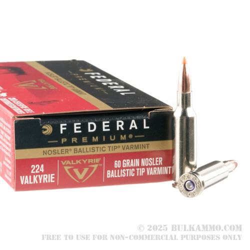 20 Rounds of Bulk .224 Valkyrie Ammo by Federal - 60gr Nosler Ballistic Tip