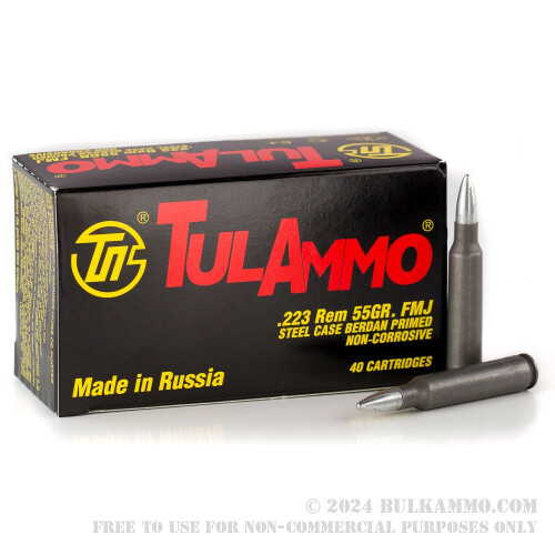 1000 Rounds of Bulk .223 Steel Cased Ammo by Tula - 55gr FMJ