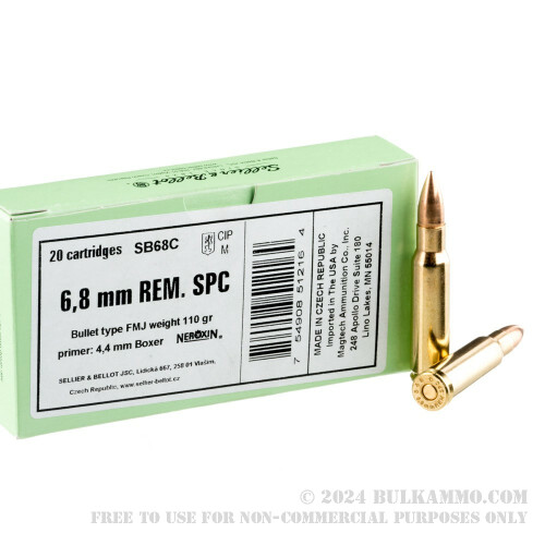 1000 Rounds of Bulk 6.8 SPC Ammo by Sellier & Bellot - 110gr FMJ