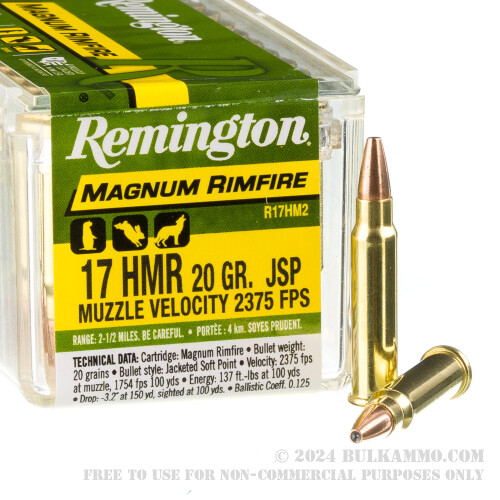 50 Rounds of Bulk .17 HMR Ammo by Remington - 20gr JSP