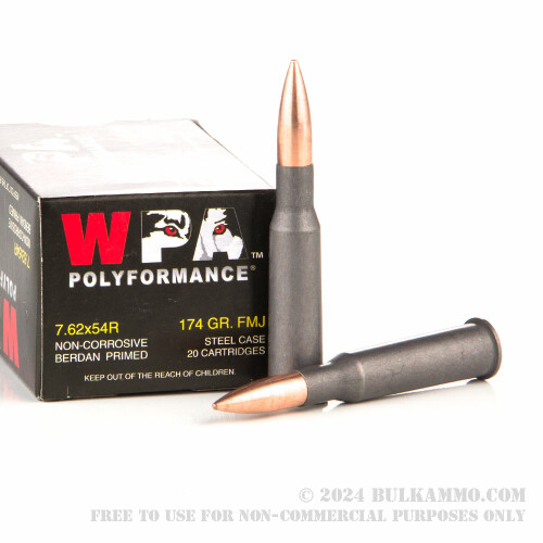 20 Rounds of Bulk 7.62x54r Ammo by Wolf - 174gr FMJ