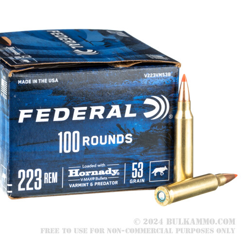 100 Rounds of Bulk .223 Ammo by Federal - 53gr V-MAX